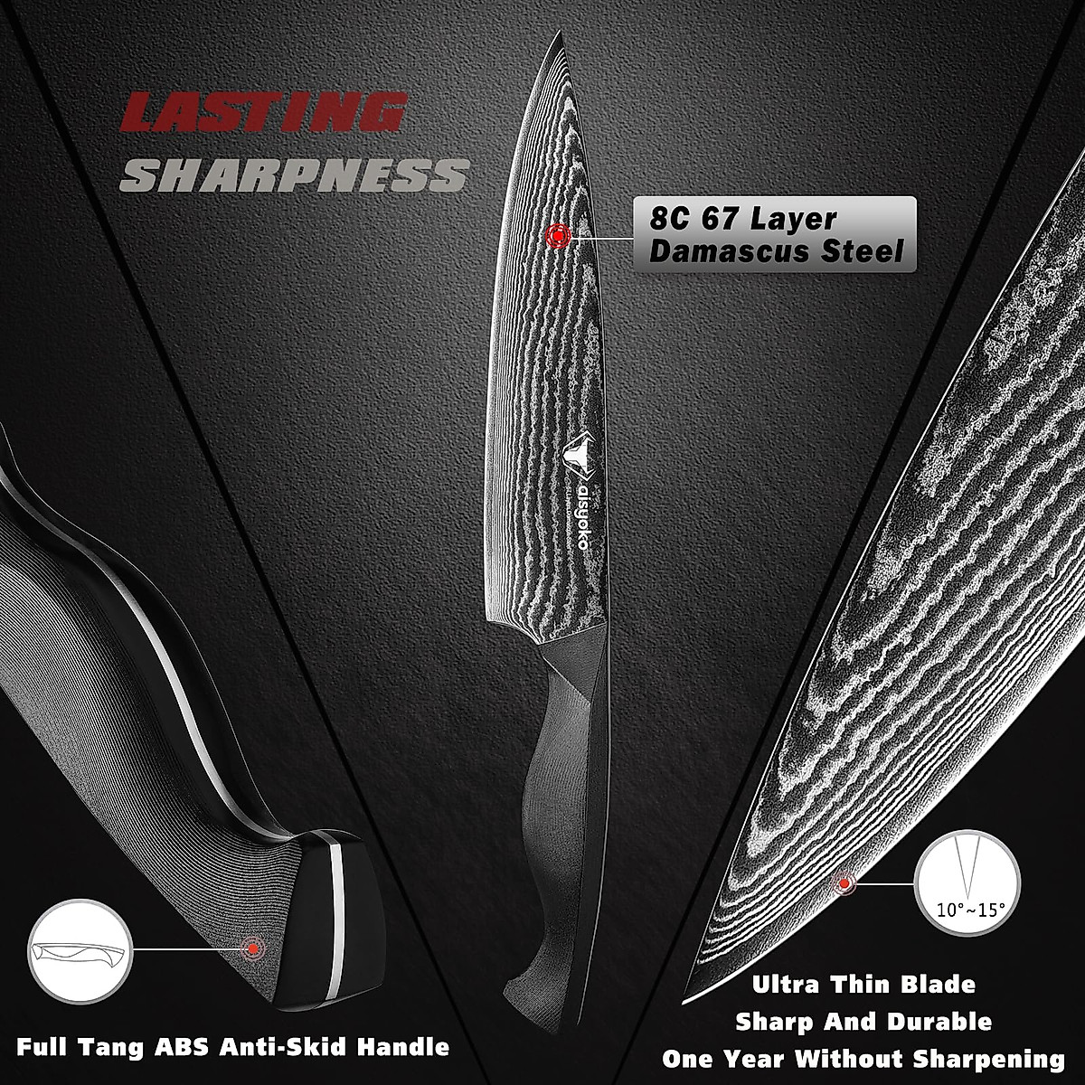 aisyoko 8C Damascus Knife Set 3PC Chef Knife,Kitchen knife,paring knife,High Carbon Stainless Steel,Ergonomic Full Tang ABS Anti-Skid Handle,Professional Japanese Cooking Knife with Luxury Gift Box