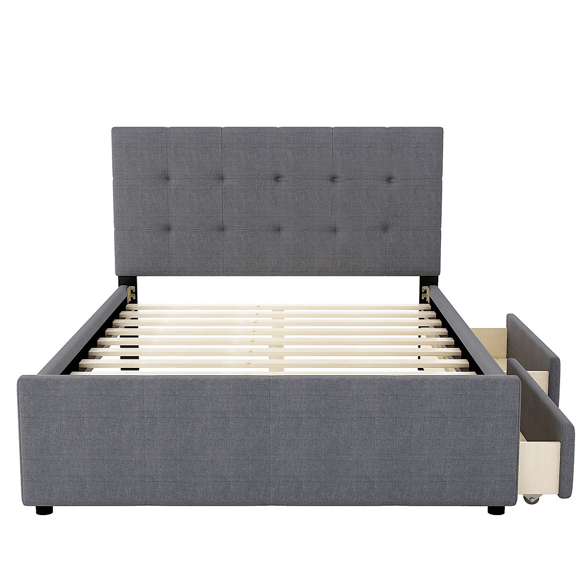 RUNWON Queen Size Linen Upholstered Platform Bed Frame with Headboard and Two Drawers for Bedroom, Grey