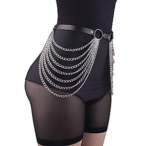 TWINKLEDE Punk Leather Belly Waist Chain Belt Silver Layered Body Chains Festival Rave Body Chain Jewelry for Women and Girls