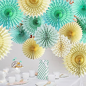 Mint Gold Birthday Decorations for Women Mint Cream Gold Polka Dot Paper Fans for Trial Baby Shower Decorations Mint Gold Wedding/Mint First Birthday Bridal Shower Decorations