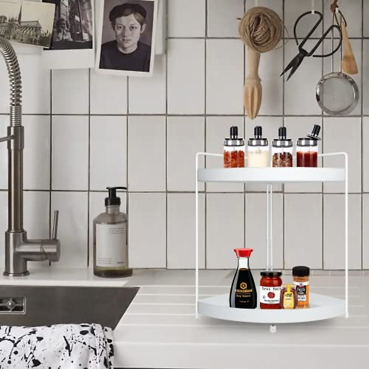 Lvssci 2 Tier Corner Shelf Rack Kitchen Counter Cabinet Bathroom Organizer Makeup Cosmetic countertop Organization and Storage Under Sink Organizers Perfume Trays for Dresser White