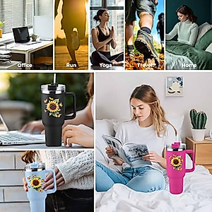 LB LEOBON 40 ounce insulated cup with handle, double-layer vacuum stainless steel material, equipped with straw, can keep warm or maintain cold drinks Spring Flowers Deep purple