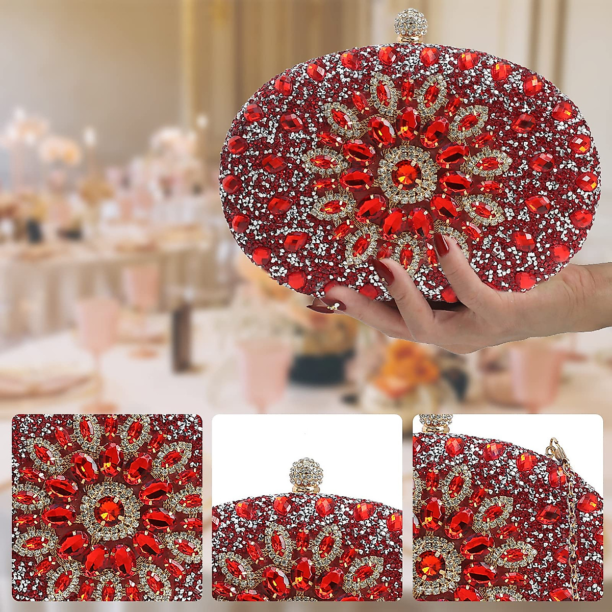 CORIOS Women Evening Bag Rhinestone Clutch Purse Sparkly Sequin Handbag Bridal Wedding Purse Crystal Clutch Bag Glitter Shoulder Bag Crossbody Bag for Wedding Banquet Cocktail Prom Party Red