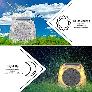 Outdoor Speakers Waterproof 2pack for All Seasons & Solar Powered with Rechargeable Battery Rock Speakers Wireless Bluetooth with Colorful LED Light for Garden, Patio (2-Pc, Granite Grey)