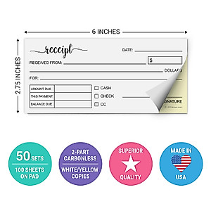 321Done Receipt Book, 2.75x6 Pocket Size 2-Part Carbonless, Made in USA, Cute Handheld Duplicate Copy Order Form for Craft Boutique Business (50 Sets) White/Yellow