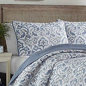 Tommy Bahama Quilt Set Reversible Cotton Bedding with Matchin Shams, All Season Home Decor, King, Cape Verde Smoke Grey/Blue