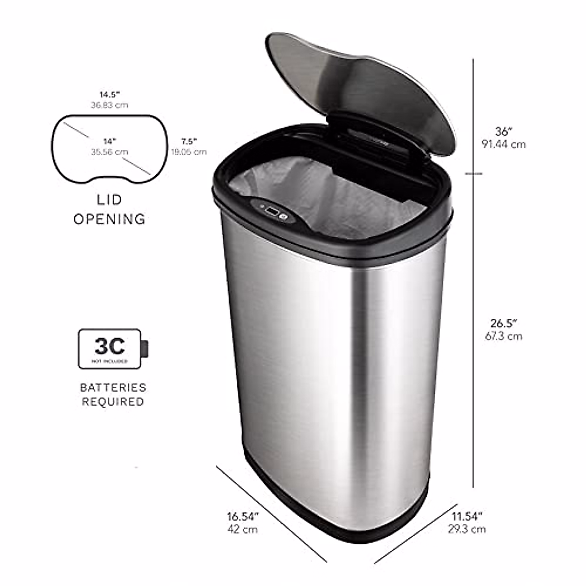 NINESTARS DZT-50-22, 13.2 GALLONS / 50 LTRS, Stainless Steel, Motion Sensor Trash CAN