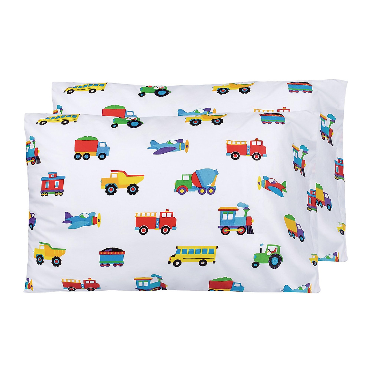 Wildkin Kids 2-Pack 100% Cotton Pillowcases for Boys & Girls, Soft and Breathable Fabric Pillow Kids Pillowcase, Fits Standard Size Pillow (20 x 30 Inches) - Trains, Planes & Trucks