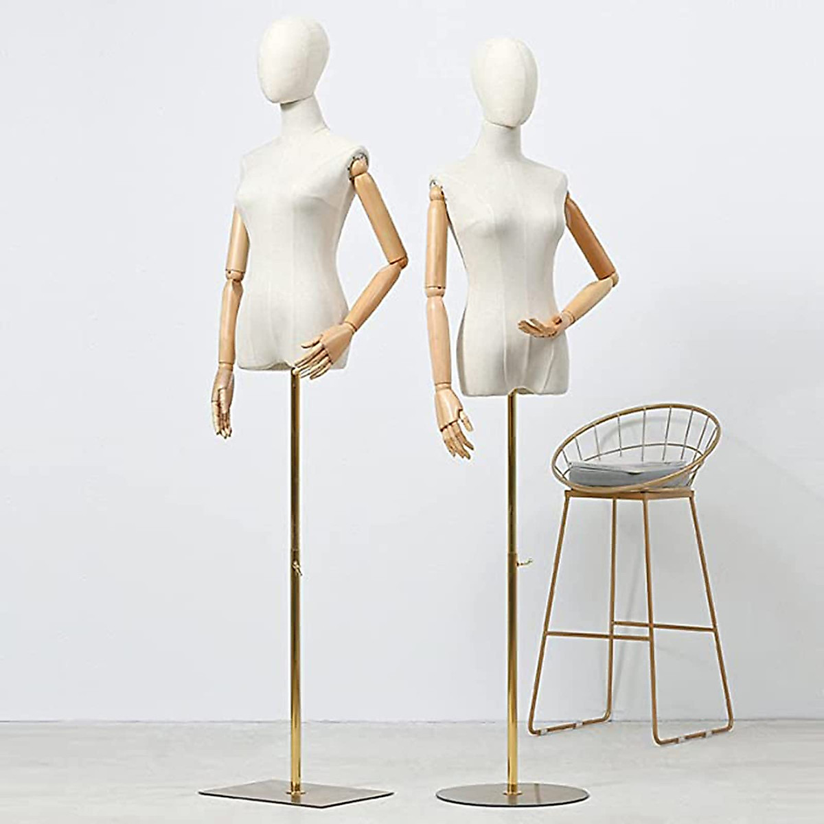 Female Mannequin Dress Form Torso, Display Mannequin Body with Detachable Head, Wooden Hands and Golden Adjustable Height Stand, for Dress Jewelry Display, Beige (Gold)