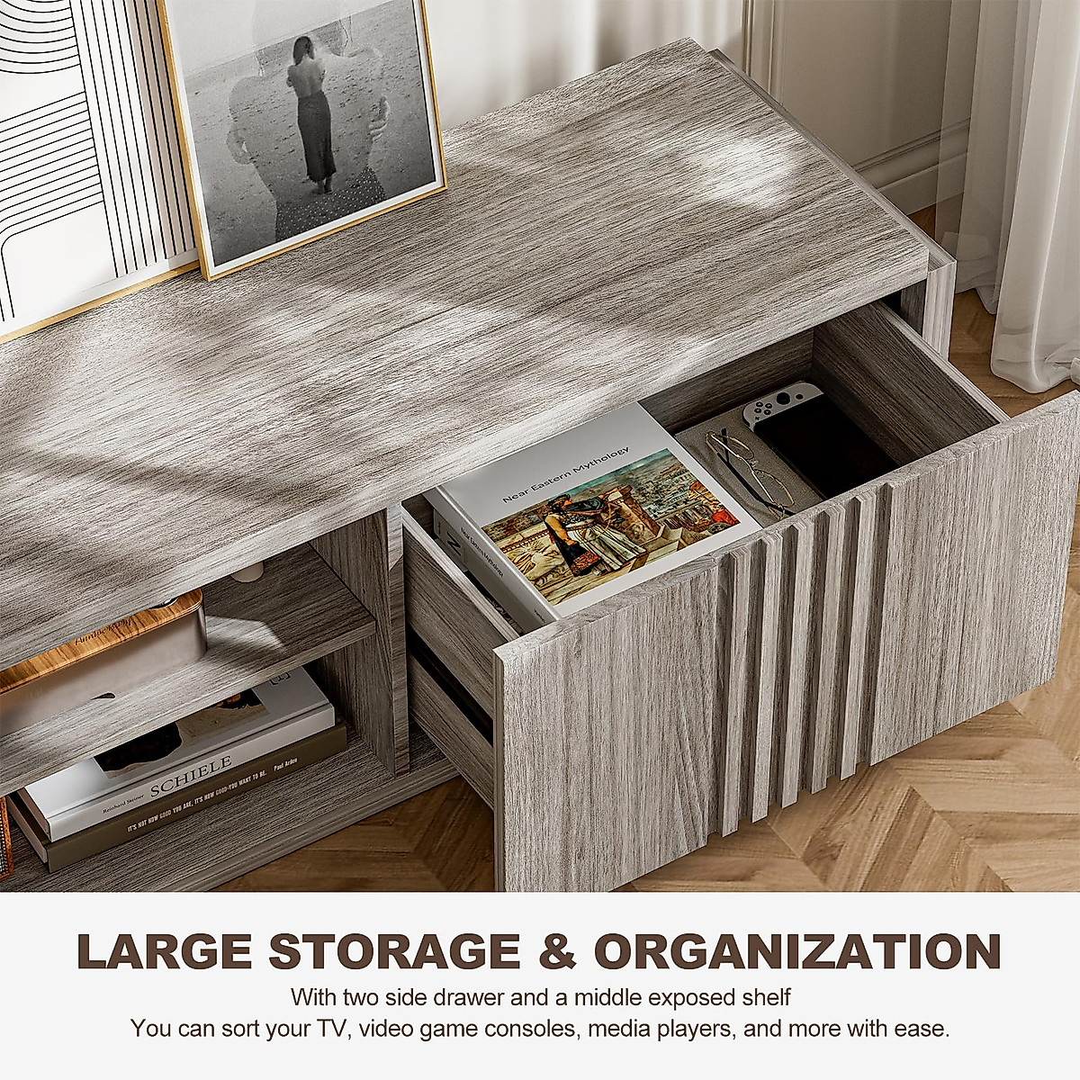 BELLEZE 70" TV Stand for TVs up to 75", Media Entertainment Center Console Table with Oversize Drawers and 2-Tier Open Shelves, Wood Storage Cabinet for Living Room, Bedroom - Mint (Gray)