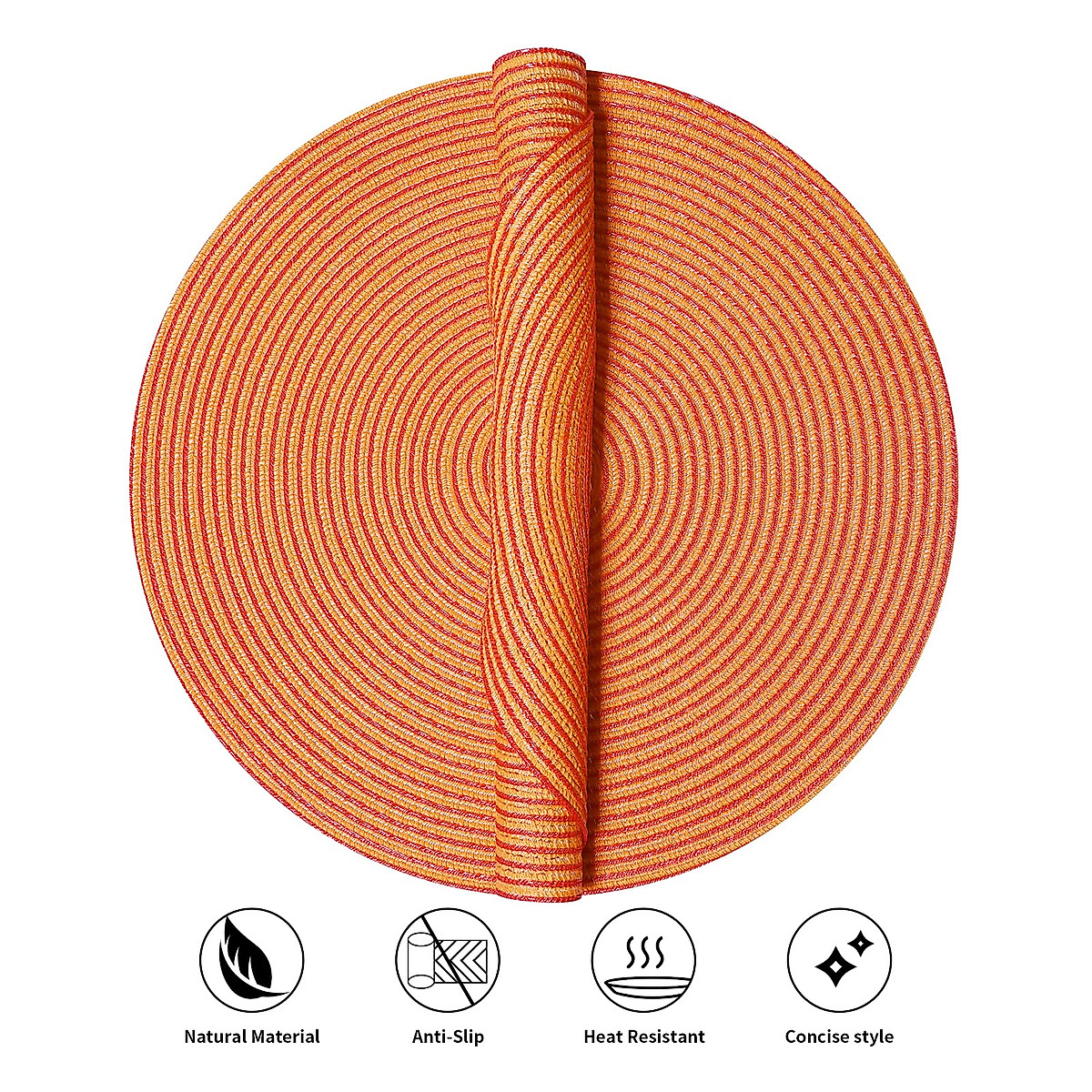 Smaafit Round Braided Placemats, Set of 4 Table Place Mats for Round Dining Tables, 15 inches Round Placemat, Place Mat Round Table Mats (Mix Orange Red)