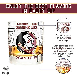 Florida State University Whiskey Glass Set (2 Low Ball Glasses) - Contains Full Color Seminoles Logo & Campus Map - Osceola and Renegade Gift Idea for College Grads & Alumni - Glassware