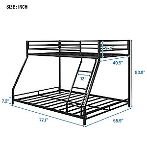 Low Bunk Beds Twin Over Full Size with Sloping Stair, Heavy Duty Bed Frame with Safety Guard Rails for Kids Teens Adults, No Box Spring Needed (Black)
