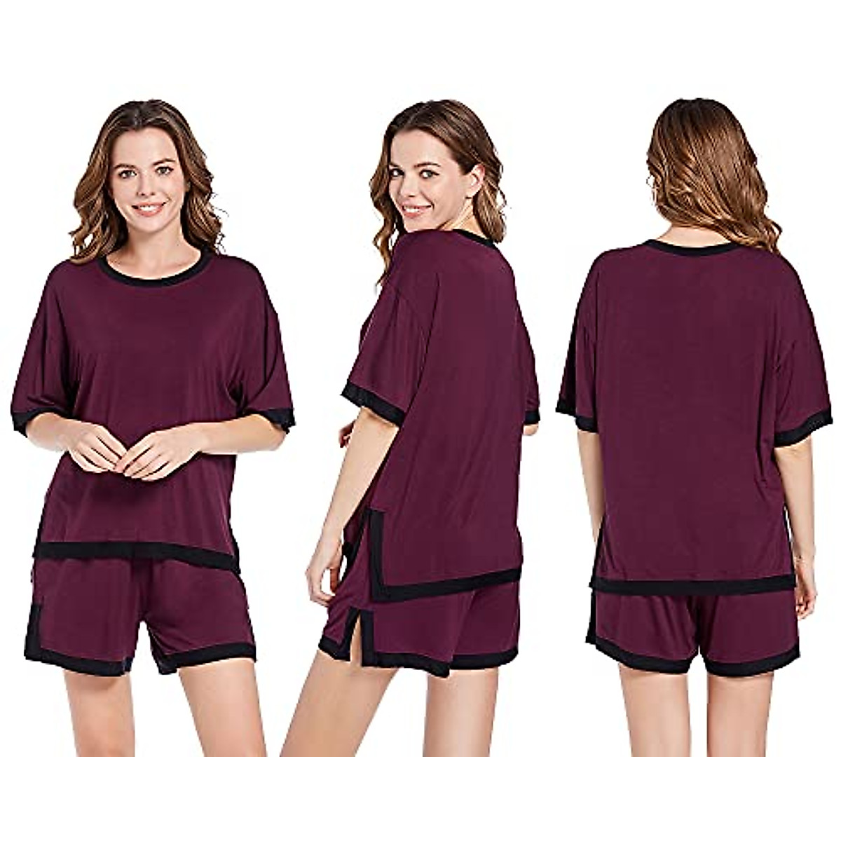Eiggam Pajama Set for Women Cotton Pajama Capri for Women Solid Pjs Fashion Pijamas Sleep Wear Short Sleeve Ladies Soft Pajama Sleep Sets XL Wine Red Pajamas Set