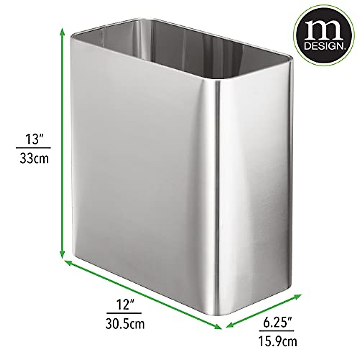 mDesign Stainless Steel Slim Rectangular Modern Metal 2.6 Gallon/10 Liter Trash Can Wastebasket, Garbage Container Bin for Bathroom, Bedroom, Kitchen, Home Office; Holds Waste, Recycling - Chrome