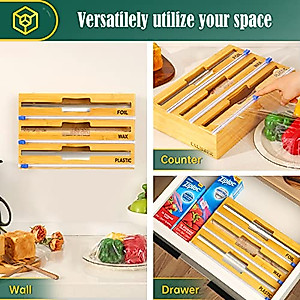 Calmbee Storage Bag Organizer and Wrap Dispenser with Cutter, 3 IN 1 Bamboo Foil and Plastic Wrap Organizer for Kitchen Drawer, Plastic Bag Organizer for Gallon, Quart, Sandwich, Snack