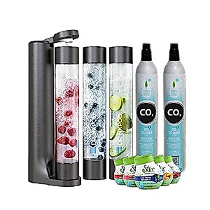 FIZZpod Soda Maker With TWO CO2 Cylinder- Fizzy Drink Machine with 3 PET Bottles, 3 Caps, 1 Carbonator Cap and Manual - Make Homemade Sparkle Water, Juice, Coffee, Tea and Cocktail Drinks with Fruit (Black + 2 CO2 + Stur Drink Mix)