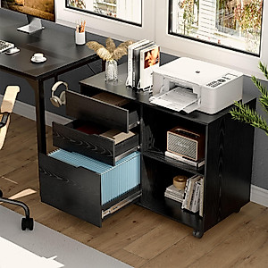 OLIXIS 3 Drawer Wood File Cabinet Small Mobile Lateral Printer Stand Storage with Open Shelf Shelves for Home Office