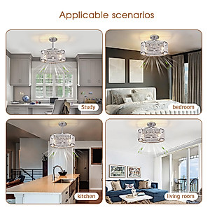 Zhizenl Caged Ceiling Fan with Lights, Indoor Enclosed 6 Speeds Reversible Ceiling Fans with Remote Control, Crystal Modern Industrial Ceiling Fan Lights for Living Room Bedroom Kitchen