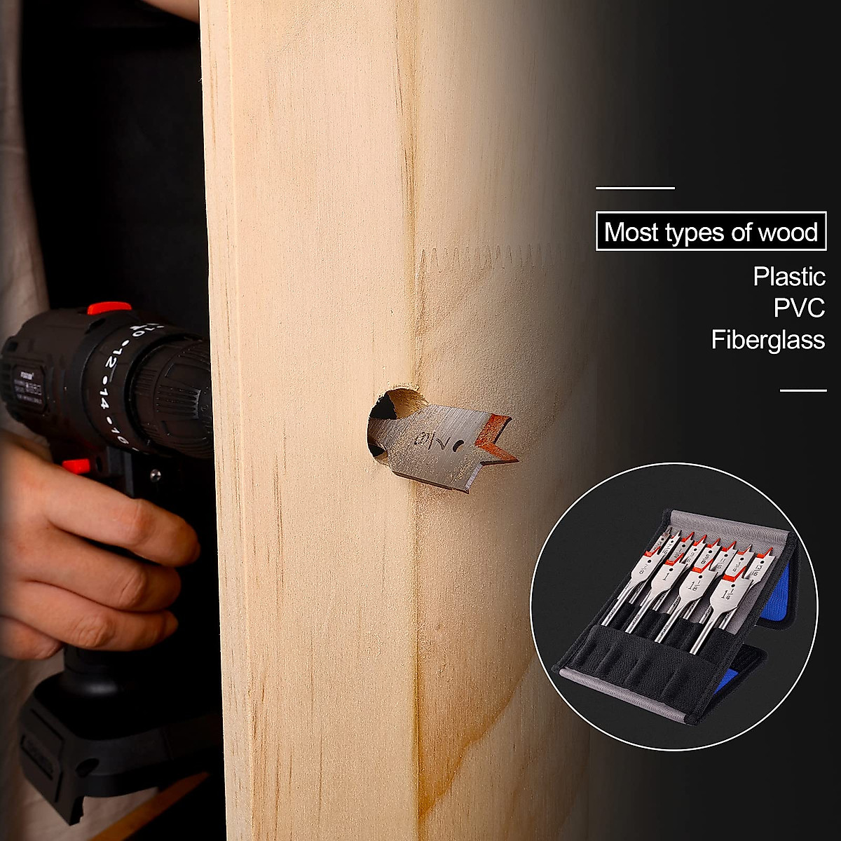 12 Pcs Spade Drill Bit Set - Carbon Steel Paddle Flat Bit with Quick Change Shank for Hole Cutter Woodworking,Portable Nylon Storage Pouch Included