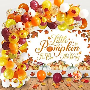 Little Pumpkin Baby Shower Decorations, Little Pumpkin Balloon Garland Arch Kit with Little Pumpkin Photography Backdrop Banner for Fall Theme Little Pumpkin Baby Shower Party Decorations