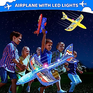 3 Pack Airplane Launcher Toy, 2 Flight Modes LED Foam Glider Catapult Plane Toy with 3 DIY Stickers for Boys, Outdoor Flying Toys for Boys Girls for 4 5 6 7 8 9 10 12 Year Old Kids Birthday Gifts