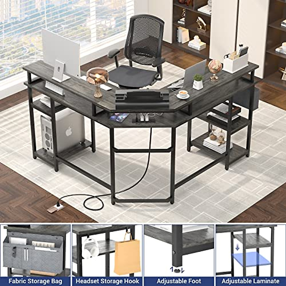 Aheaplus L Shaped Gaming Desk with Power Outlets & LED Lights, L- Shaped Desk Computer Corner Desk with Monitor Stand and Storage Shelf, Home Office Desk Writing Desk with Storage Bag, Grey Oak