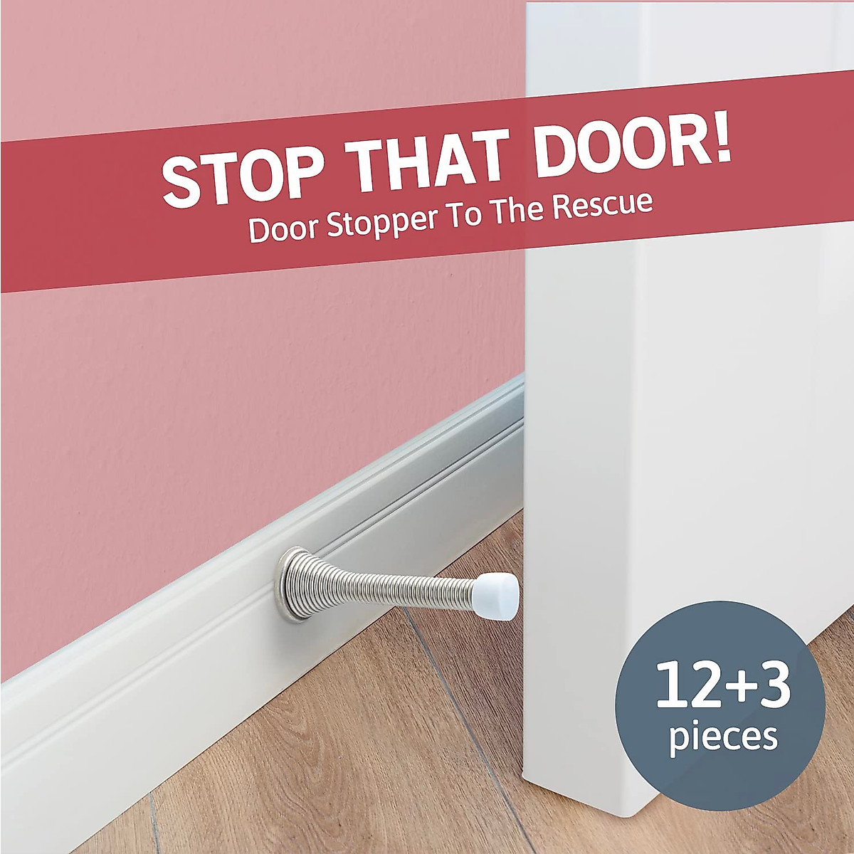 Jack N’ Drill (3 ⅛) Spring Door Stopper 15 Pack | Flexible Heavy Duty Door Stop for Home and Office - Rustproof, Bendable Spring Steel & Durable Rubber Tips