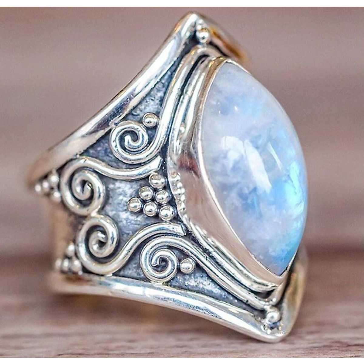 WDIYIEETN Vintage Silver Ring 925 Sterling Silver Natural Moonstone Women Jewelry Elegant Gemstone Wedding Ring(7)