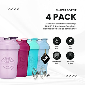 GOMOYO 4-Pack - 20 Ounce Shaker Bottle, Protein Shaker Whisk, Bulk Protein Drink and Pre-Workout Shaker Cups, Dishwasher Safe & BPA Free