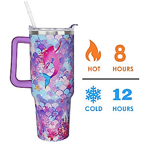 sgqjdpmc 40 oz Mermaid Tumbler with Handle and Straw Lid 40oz Mermaid Themed Gifts Steel Insulated Travel Coffee Cup
