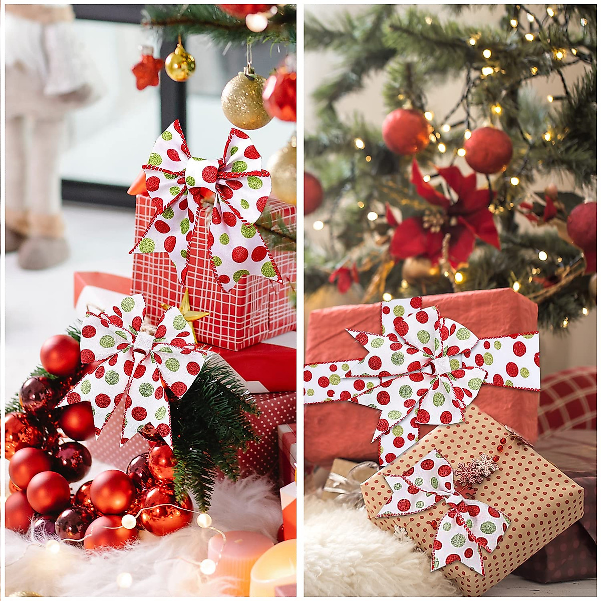 2 Rolls Christmas Ribbons Polka Dot Ribbon Wired Glitter Christmas Wired Ribbons Burlap Decorative Ribbons for DIY Craft Wreath Bows (Green, Red, 2.5 Inch x 6 Yard Per Roll)