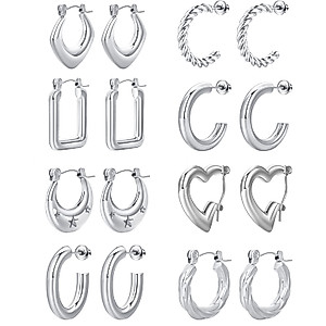 Jannisa Women's 8 Pairs Hypoallergenic Stainless Steel Chunky Silver Hoop Earrings Set, Gold Earrings for Women, Trendy Jewelry Earrings for Daily Wear