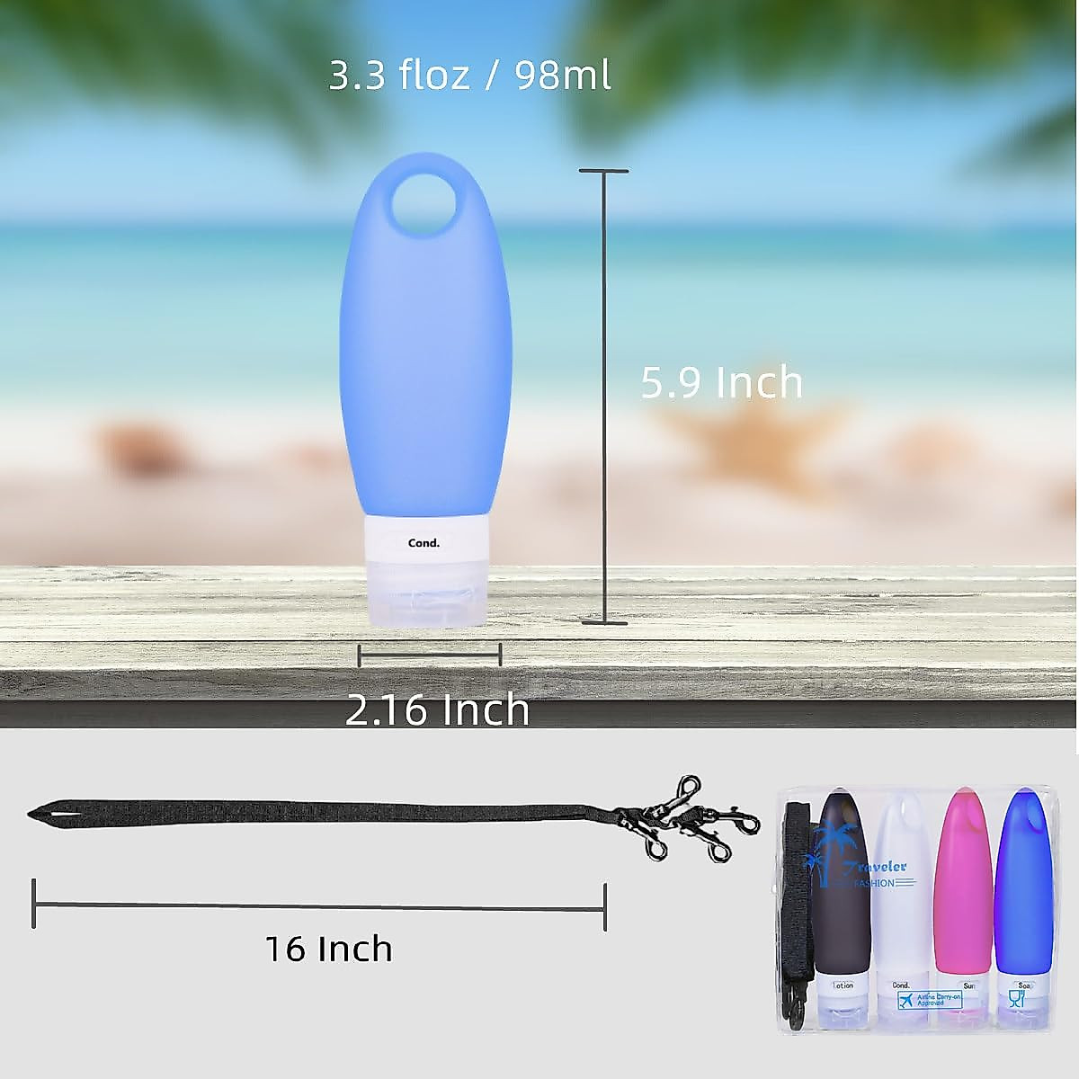 Fullplus Portable Silicone Squeezable Bottles Refillable Cosmetic Gym Containers Travel TSA Approved Tube Set with Shower Lanyard for Shampoo Lotion(3.3 oz,Pack of 4)