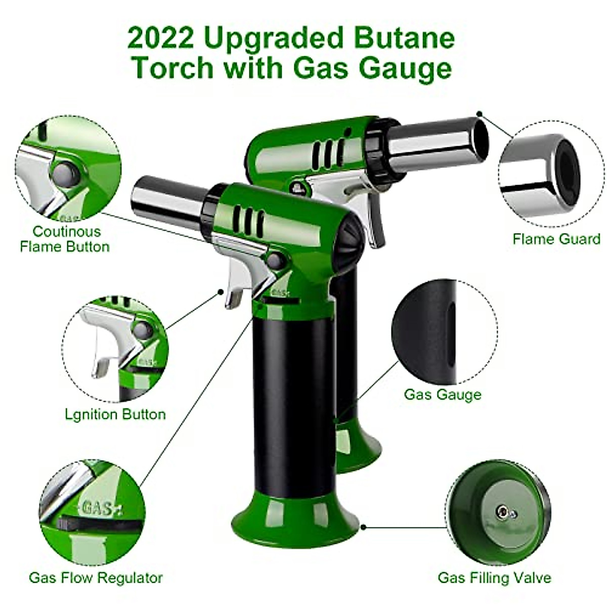 Koackl Butane Torch with Fuel Gauge, Refillable Kitchen Torch Lighter with Safety Lock and Adjustable Flame, One-handed Operation Blow Torch for Creme Brulee, BBQ(Butane Gas Is Not Included)