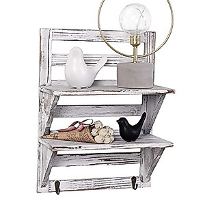 RHF Rustic Wall Shelf, Wood Wall Shelves, Hanging Shelf Organizer Rack, Decorative Floating Shelves for Living Room, Bathroom, Kitchen, Office - 2 Hooks 2-Tier (White)