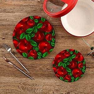Kitchen Pot Holders Set Round Cotton Potholders Hot Pads, Hot Mats Red Apple for Hot Dishes Pot Bowl Teapot
