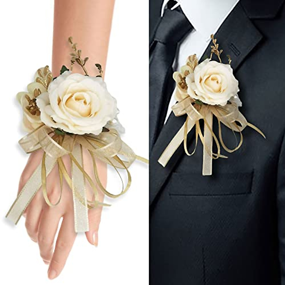 Cileruide Beige Rose Wrist Flower Corsage & Boutonniere Set for Wedding Bride Bridesmaid Groom Groomsmen Parents Suit Lapel Pin Button Hole Flower for Prom Homecoming, Tea Party, Formal Dinner