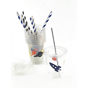 Space Party Cups Galaxy Rocket Birthday Disposable with Lids Straws (12 Set)