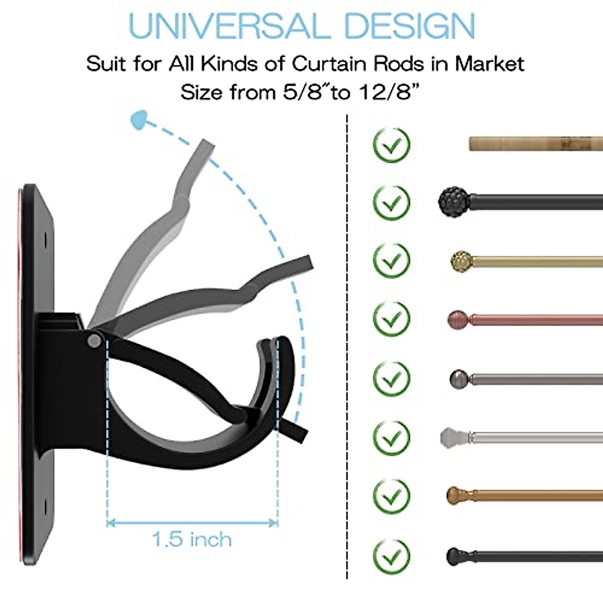 AMZONHOME 4 Pieces Self Adhesive Curtain Rod Bracket, Universal Plastic Holders, No Drill Brackets Hooks for Bathroom, Bedroom, Livingroom, Kitchen (Black)