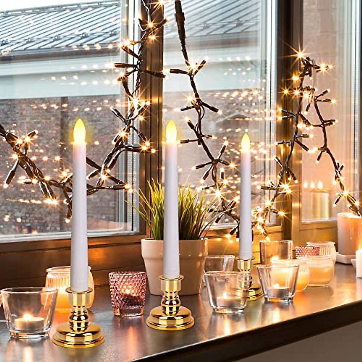 7.9 Inch Christmas Window Candles with Timer and Remote, Flameless Taper Candles Battery Operated, LED Floating Flickering Candles with Removable Candlesticks and Suction Cups for Home Decor(White)