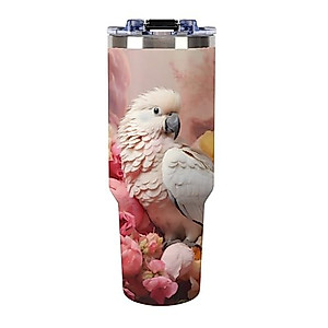 Flower Bird Peony Parrot 40 Oz Car Cup Stainless Steel Travel Mug Leak-Proof Insulated Tumbler with Handle Light Rose Red-style