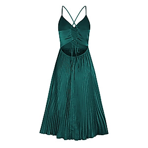 ZAFUL Womens Satin Sexy Backless Wrap V Neck Sleeveless Spaghetti Strap Pleated Flowy Party Midi Dress