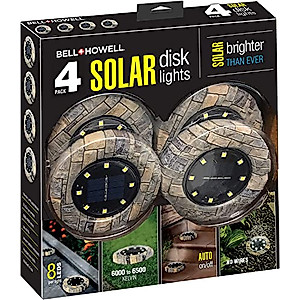 Bell+Howell Disk Lights Solar Ground Lights Stone Slate Upgraded Wireless Auto On/Off Solar Garden Outdoor Waterproof Lighting with for Lawn, Patio, Garden, Yard, Pathways, 4Pcs As Seen On TV