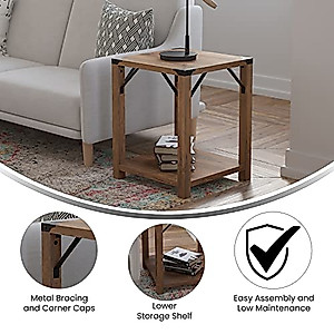 Flash Furniture Wyatt Modern Farmhouse 2 Tier Side Table - Rustic Oak Engineered Wood Frame - Black Metal Crisscross Side Braces and Corner Accents