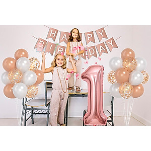 Rose Gold 40inch Number 1 Balloon, First Birthday Decorations For Girl With Rose Gold White Confetti Balloons, Happy Birthday Banner Large 1 Balloon For Baby Girl Princess Birthday Party Decor
