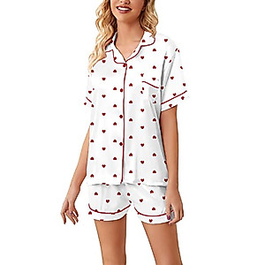 Satin Pajamas for Womens, Silk Pajamas 2 Pcs Button Down Sleepwear Short Sleeve Loungewear Outfit for Womens, D White Heart, US S