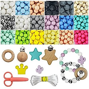 Silicone Beads, 250 Pieces Silicone Beads for Keychain Making, 12mm Round Beads 15mm Hexagon & Thread Beads 16 Colors Rubber Beads with Lanyard Accessories for DIY Bracelet Necklace Crafts Making