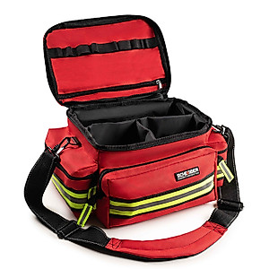 Scherber First Responder Fully-Stocked Professional Essentials EMT/EMS Trauma Kit | HSA/FSA Approved | Reflective Bag w/8 Zippered Pockets & Compartments & 200+ First Aid Supplies - Red