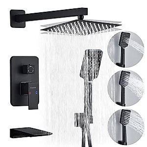 Arsuonta 8 Inch Square Black Shower Faucet Set with Tub Spout, Shower Combo System with 3-settings Touch Adjustment Handheld Showerhead High Pressure Balance Shower Valve Kit for Bathroom